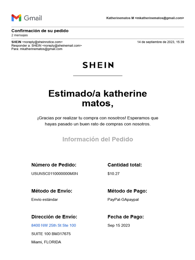 Confirmación Pedido SHEIN Sep 2023 | PDF