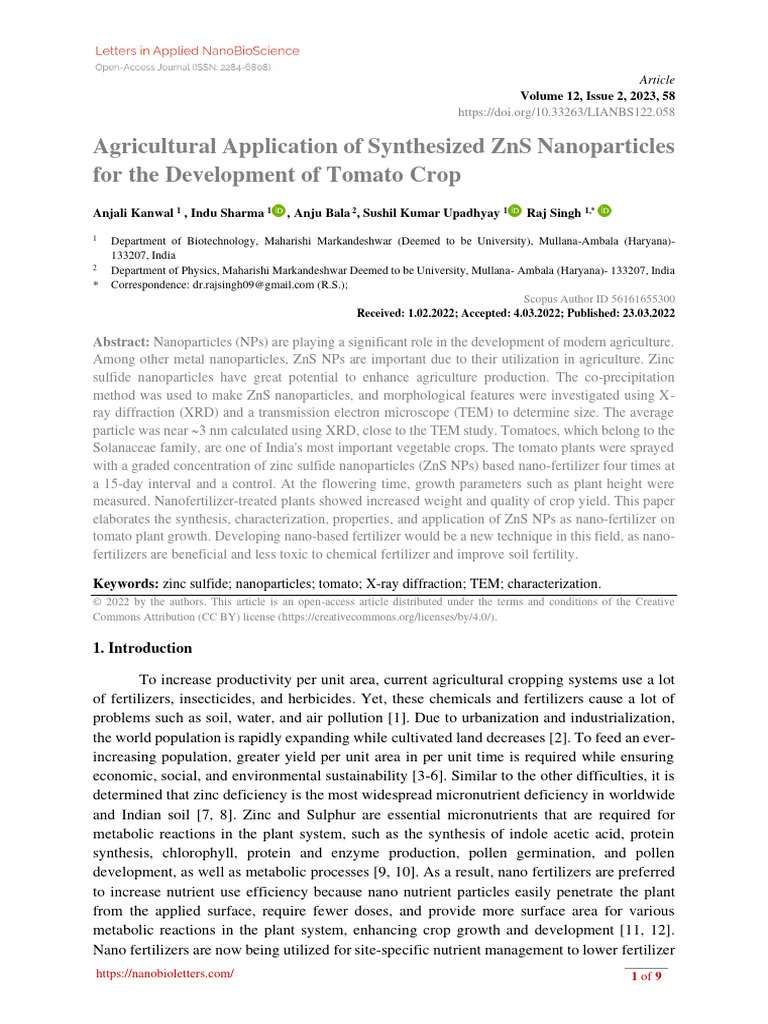 Agricultural Application of Synthesized ZNS Nanoparticles For The ...
