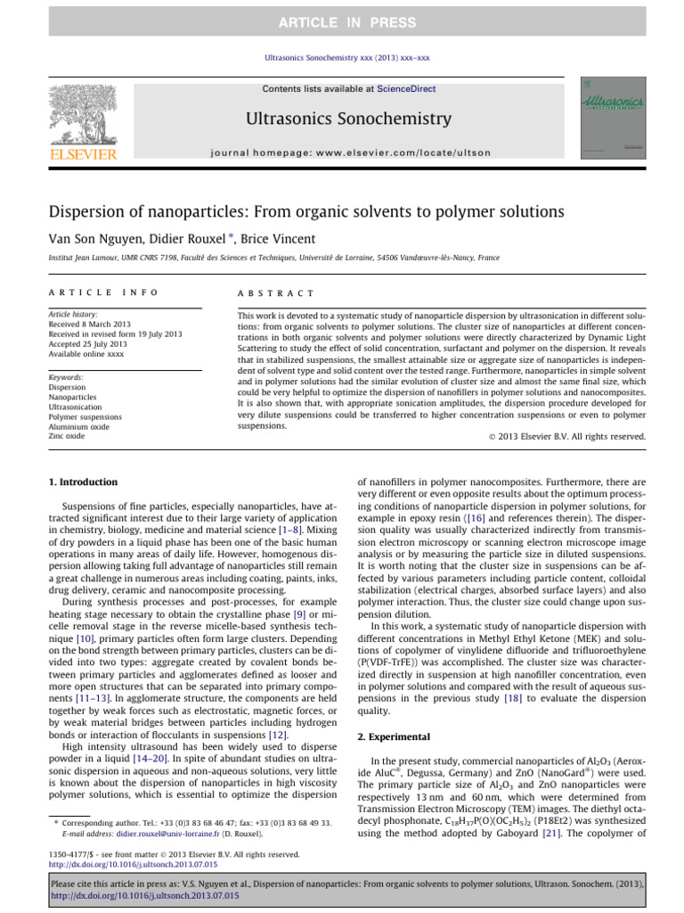 Dispersion of Nanoparticles From Organic Solvents To Polymer Solutions ...