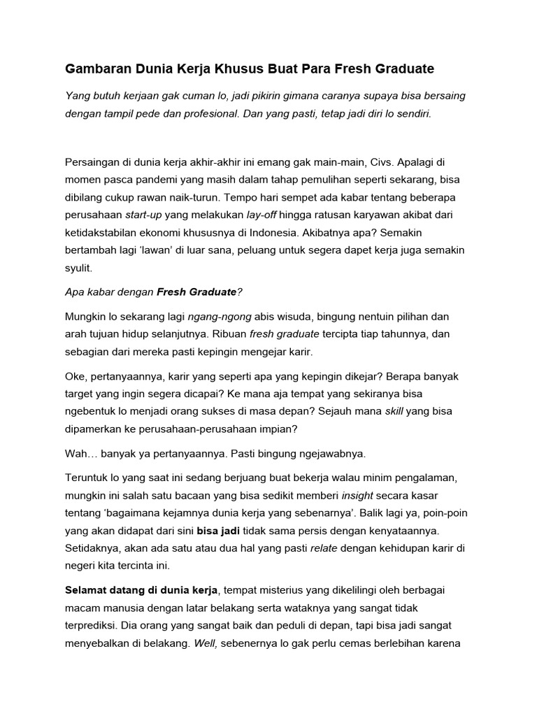 DONE - ARTIKEL 5 - Gambaran Dunia Kerja Khusus Buat para Fresh Graduate | PDF | Karier ...