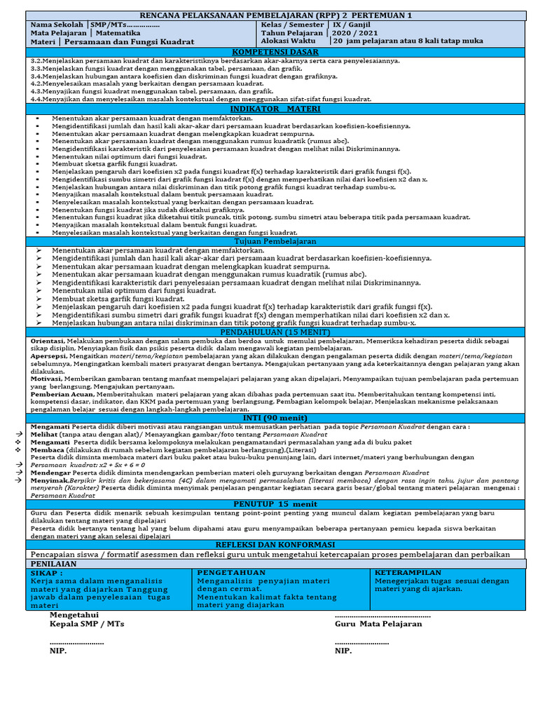RPP 2. Persamaan Dan Fungsi Kuadrat | PDF