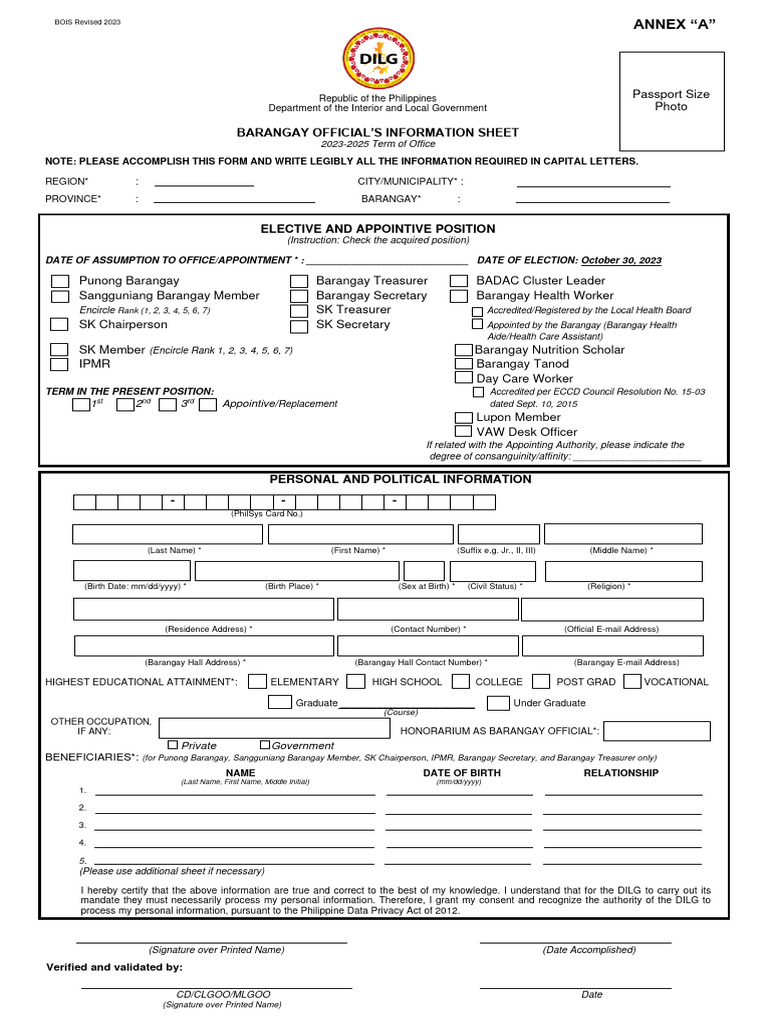 11.06.23 Annex A BOIS Form Revised 2023 | PDF