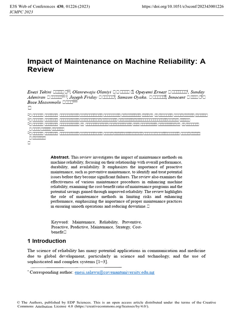 Impact of Maintenance On Machine Reliability A Rev | PDF | Reliability Engineering | Systems Theory
