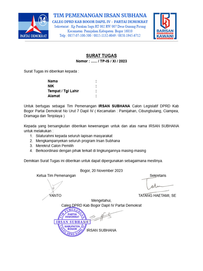 Surat Tugas Tim Pemenangan | PDF