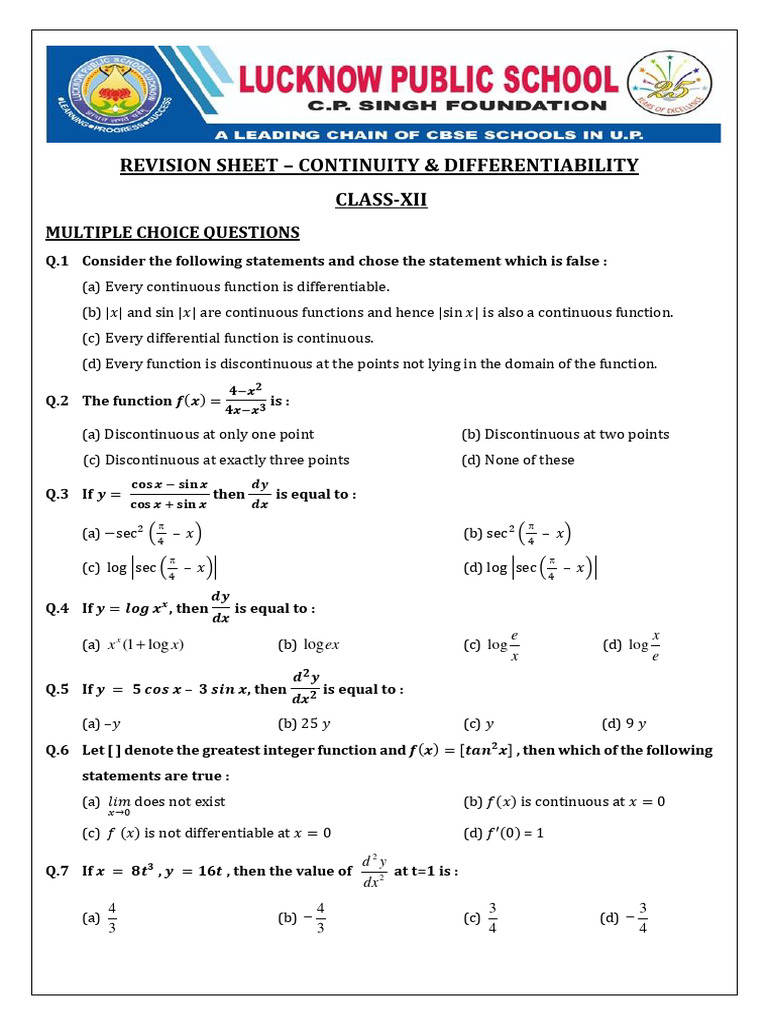Revision Sheet - Continuity & Differentiability Class-Xii: Multiple Choice Questions | PDF ...