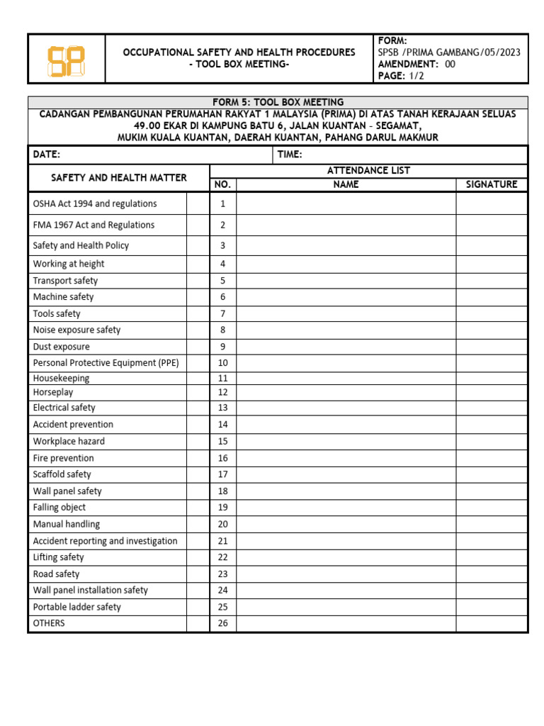 05 Tool Box Meeting Attendance | PDF | Occupational Safety And Health ...