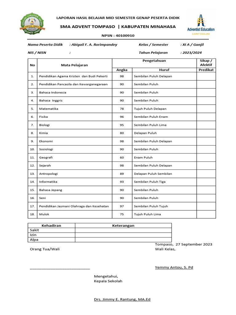Laporan Nilai Mid Semester XI A SMA Advent Tompaso | PDF