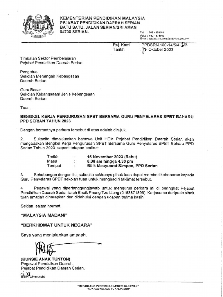 Surat Bengkel Kerja Pengurusan SPBT Bersama Guru SPBT Baharu | PDF