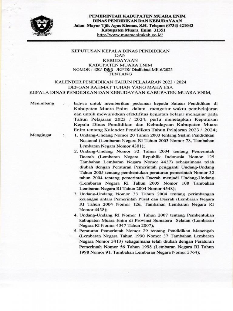 SK Kalender Pendidikan Tahun Pelajaran 2023-2024 | PDF