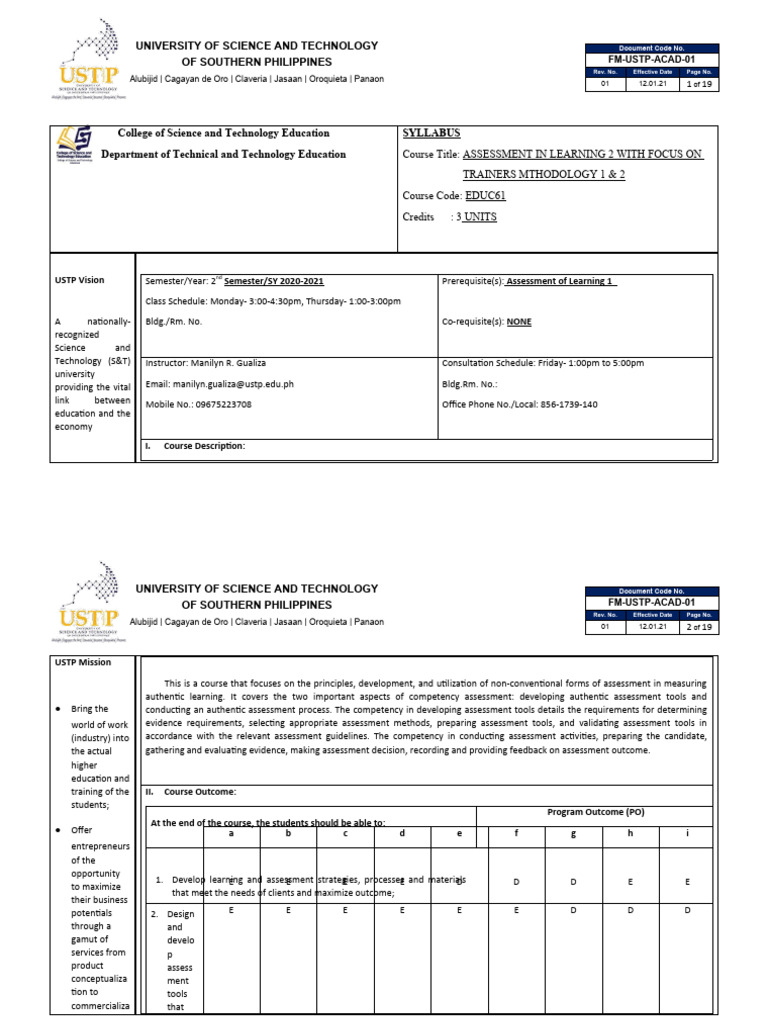 EDU 216-Assessment in Learning 2 With Focus On TM - Syllabus PDF | PDF | Educational Technology ...