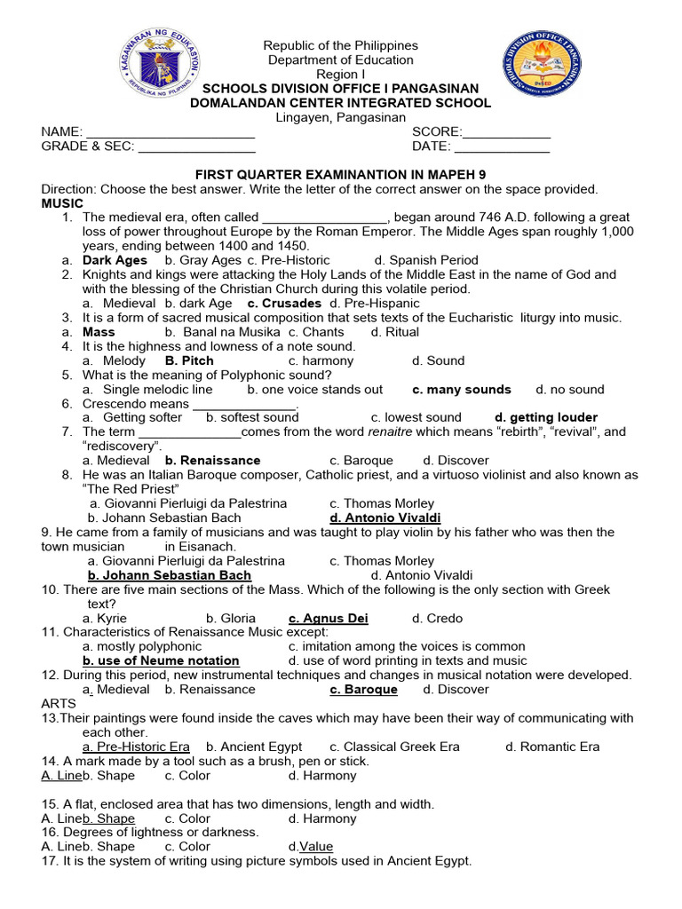 MAPEH 9 EXAM With Key Answer - 1 | PDF | Deforestation | Skeletal Muscle