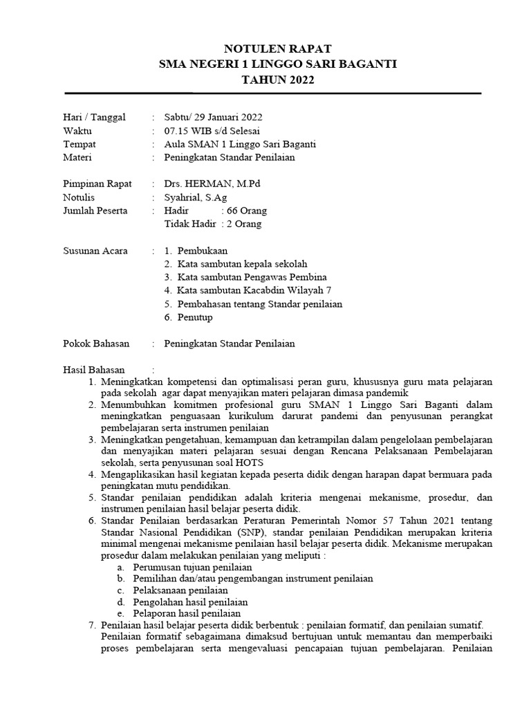 Notulen Rapat Peningkatan Standar Penilaian | PDF
