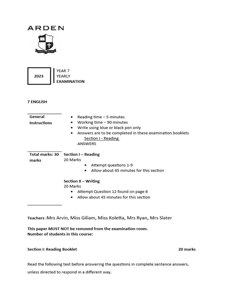 Year 7 English Exam Paper 2023 | PDF | Poetry