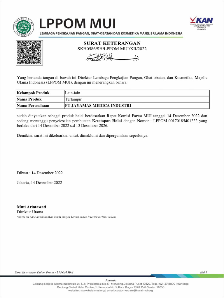 Surat Keterangan Ketetapan Halal Jayamas - 2022 | PDF