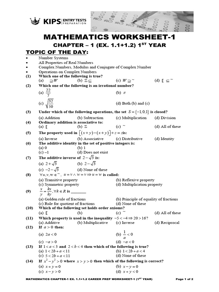 Math Chap 1 - Worksheet 1 | PDF | Complex Number | Numbers
