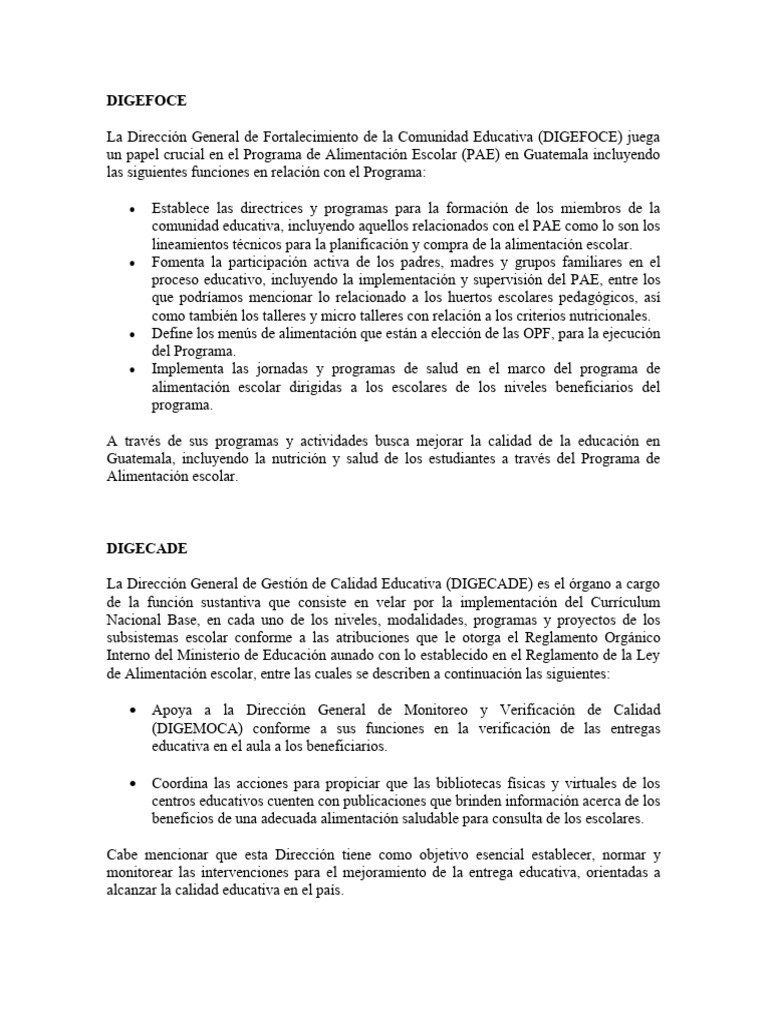 Análisis de Funciones Del Digefoce y Digecade Con Relación Al Programa de Alimentación Escolar | PDF