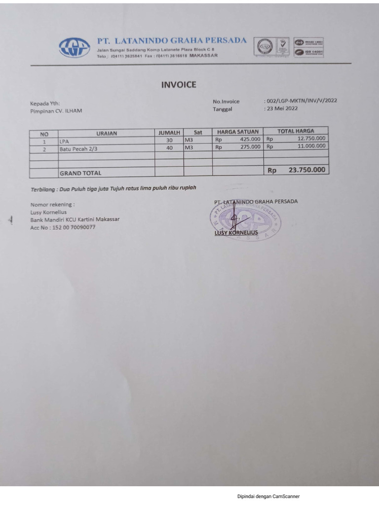 Invoice No 2 PT LATANINDO | PDF