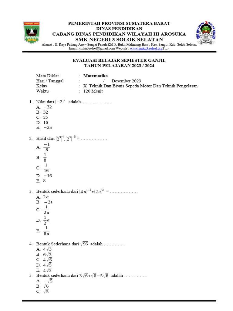 Soal Matematika KLS X TSM & TP | PDF | Metode & Bahan Ajar | Sains & Matematika