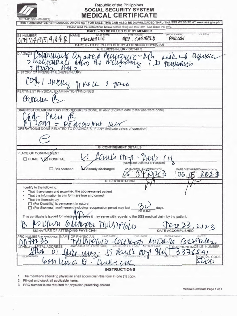 SSS Sickness Macahilig 30days Hospital | PDF | Clinical Medicine ...