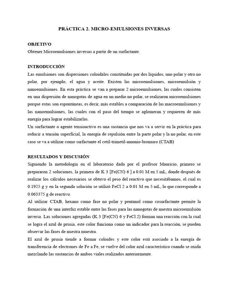 Práctica 2 Micro-Emulsiones Inversas | PDF | Emulsión | Química