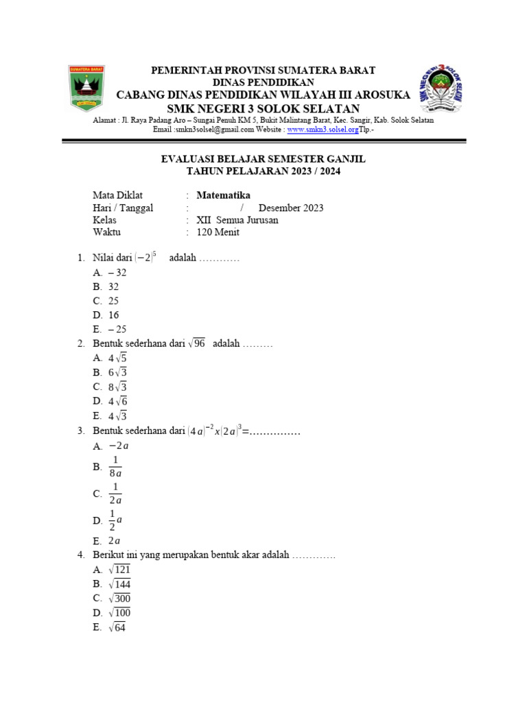Soal Matematika KLS Xii 2023 | PDF