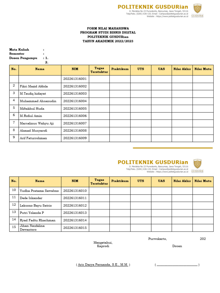 Form Nilai Mahasiswa BDG | PDF
