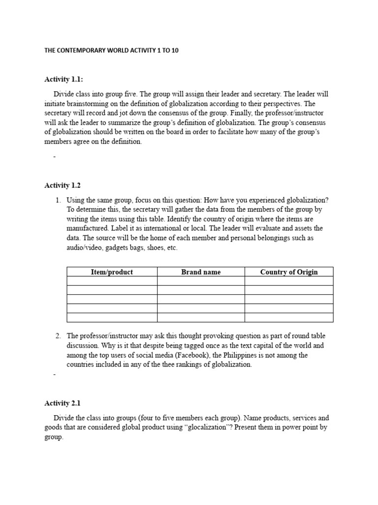 CONTEMPORARY WORLD Activity 1 10 | PDF | Critical Thinking | Power ...