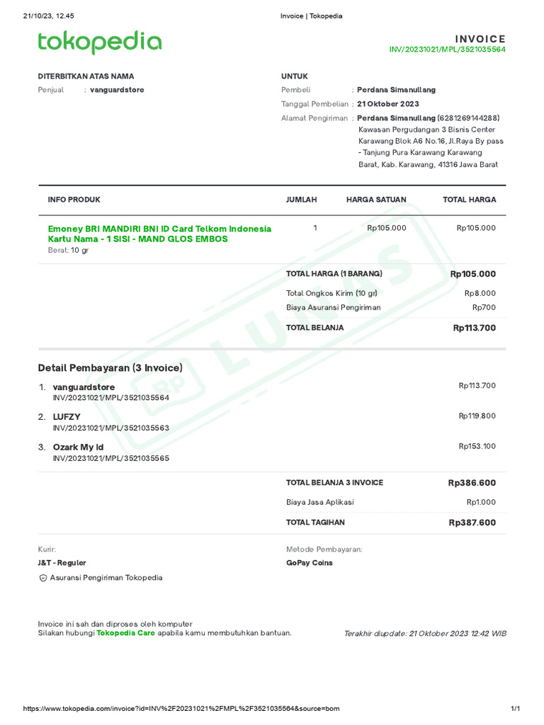 Invoice Pembelian ID Card Emboss | PDF