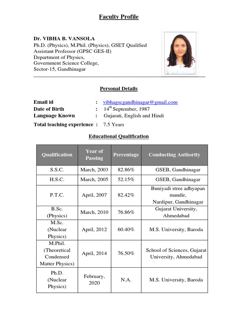 Faculty Profile Pdf Gujarat Neutron