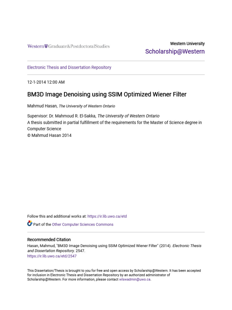 BM3D Image Denoising Using SSIM Optimized Wiener Filter | PDF | Thesis | Digital Signal Processing