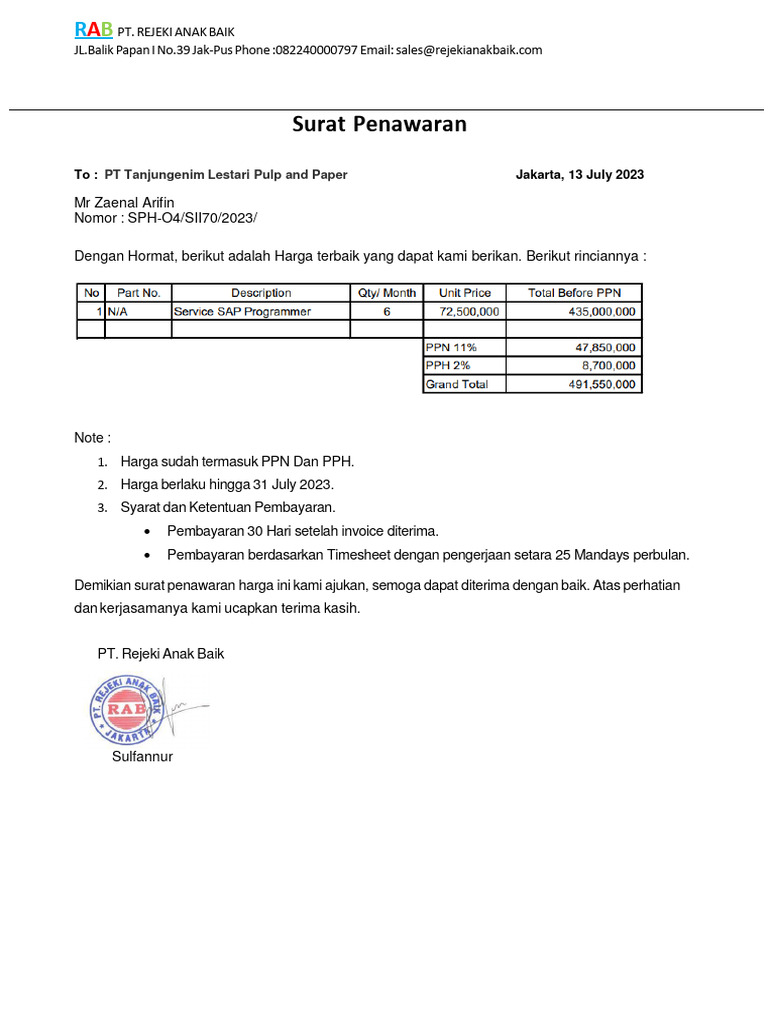Surat Penawaran PT Tanjung Enim Subcon Service SAP Programmer-3 | PDF