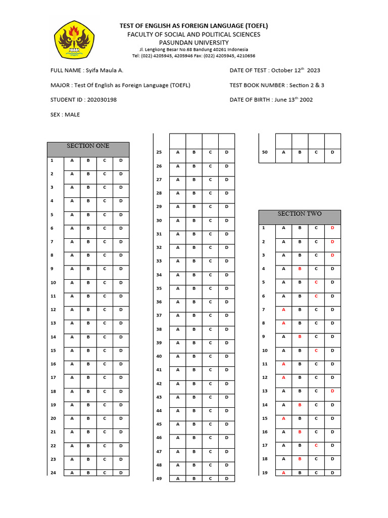 Syifa Maula A. (TOEFL) (ANSWER SHEET) (Section 2 & 3) | PDF | Test Of ...