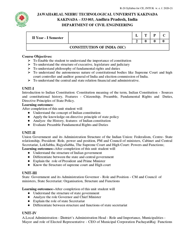 Andhra Pradesh, India: R-20 Syllabus For CE, JNTUK W. E. F. 2020-21 ...