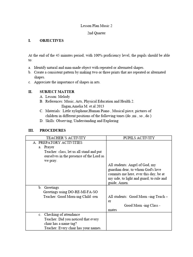 Lesson Plan Music 2 2nd Quarter | PDF | Pitch (Music) | Teachers