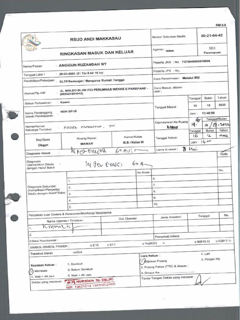 Contoh Berkas Rekam Medis Pasien Terisi | PDF