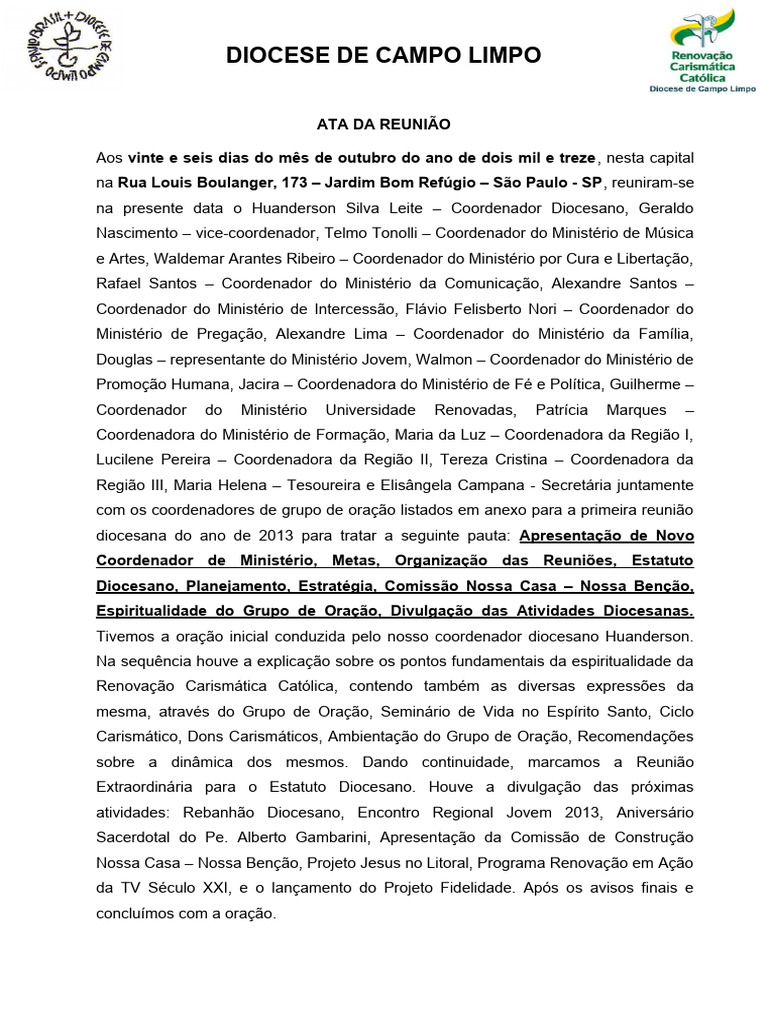 Ata da Reunião Diocesana 2013 | PDF | Oração