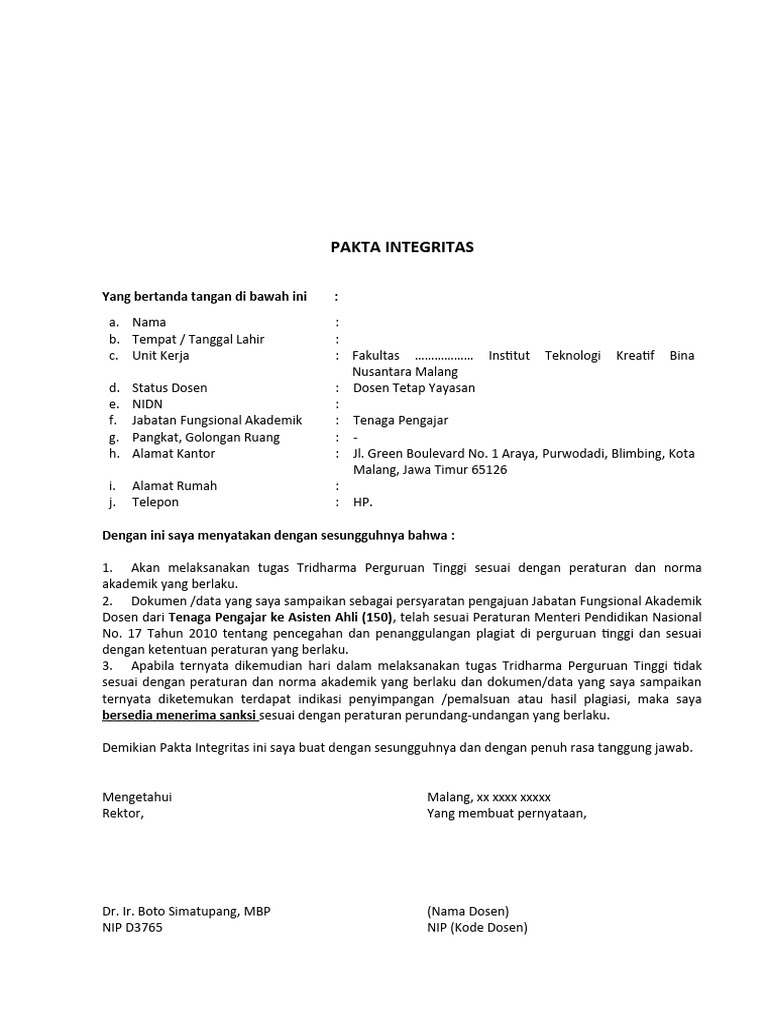 Pakta Integritas Template | PDF