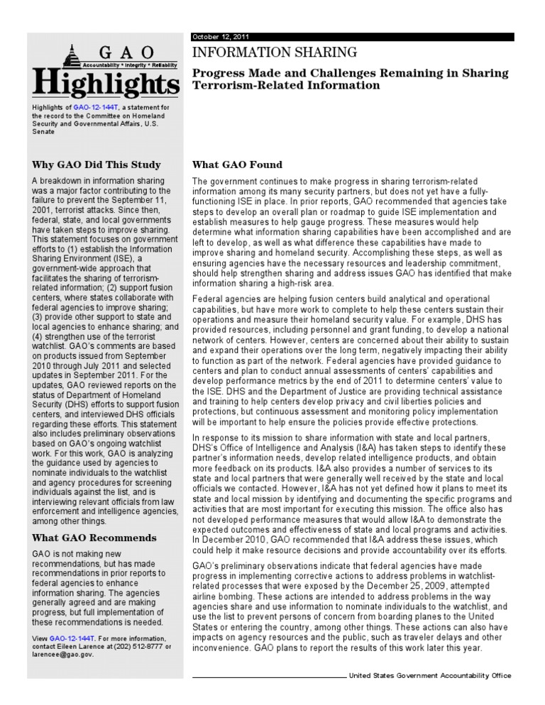 Gao Information Sharing | PDF | United States Department Of Homeland ...