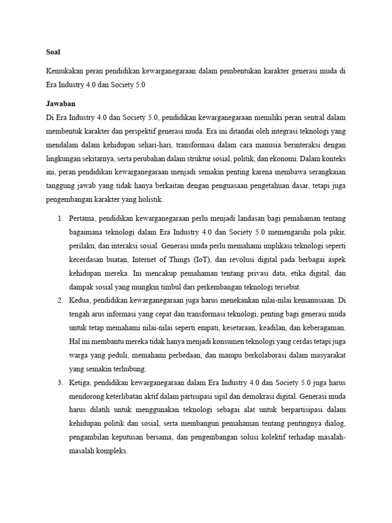 Peran Pendidikan Kewarganegaraan Dalam Pembentukan Karakter Generasi Muda Di Era Industry 4.0 ...