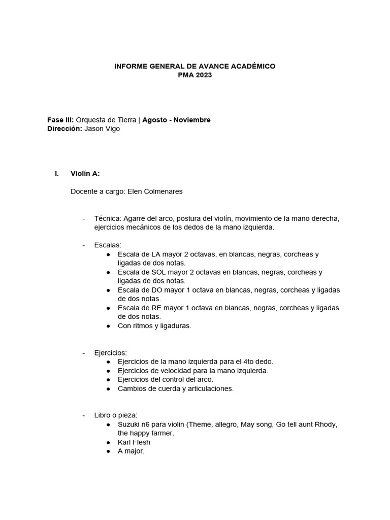 Informe General de Avance Académico - Pma 2023 | PDF | Violonchelo | Producción musical