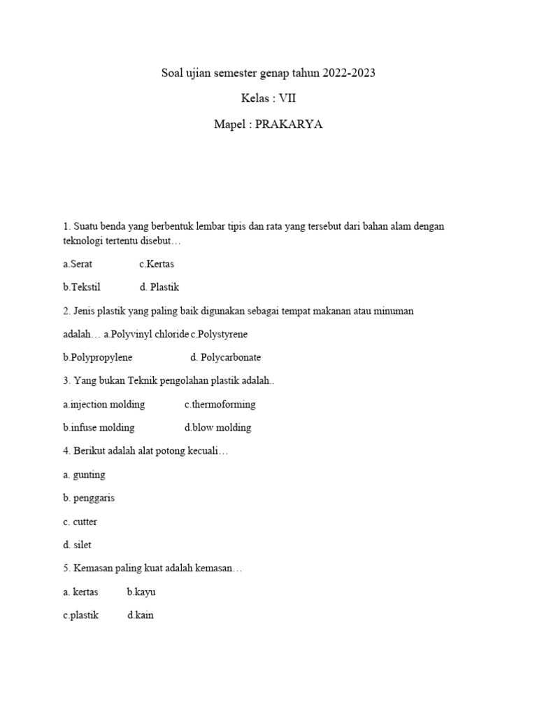 Soal Ujian Prakarya | PDF | Seni | Teknologi & Rekayasa