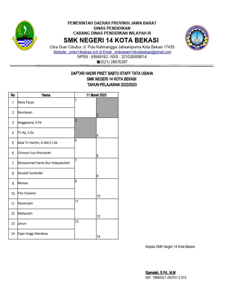 Format Absen Piket Sabtu | PDF