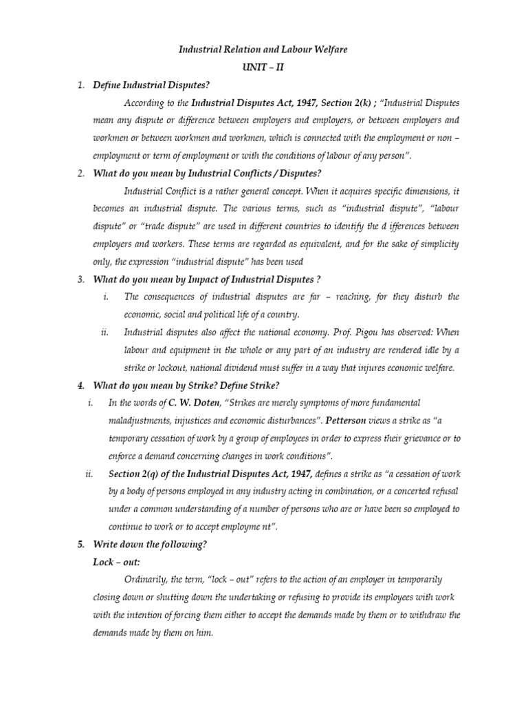 UNIT - II - IRLW 2 Mark Question With Answer | PDF | Strike Action | Arbitration