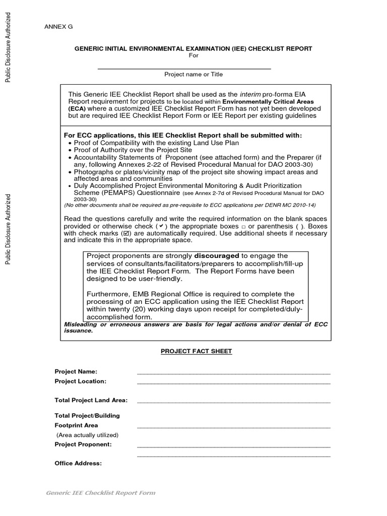 Annex G Generic Initial Environmental Examination IEE Checklist Report ...
