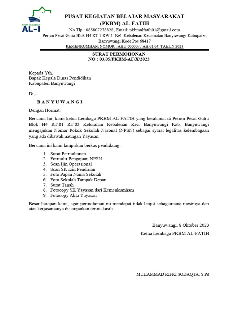 Surat Permohonan Npyp | PDF