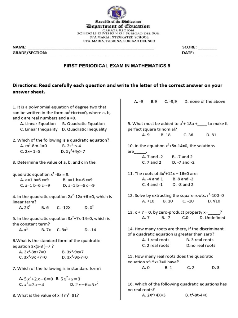 1st Quarter Math 9 | PDF | Quadratic Equation | Equations