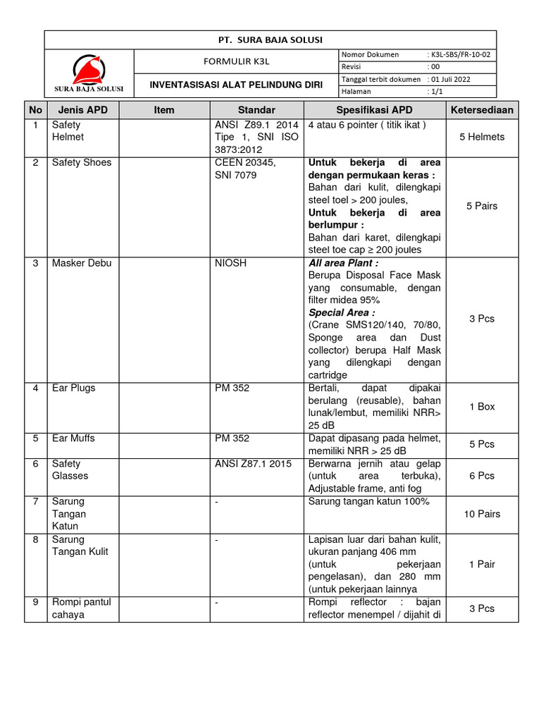 Formulir K3L-SBS FR-10-02 (Standar Apd) | PDF