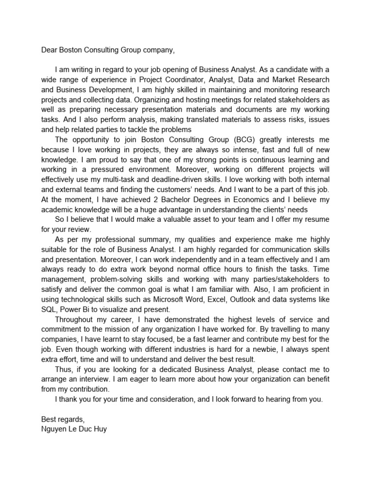 Cover Letter - BCG | PDF | Consultant | Business