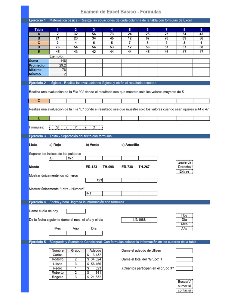 Examen de Excel Básico | Descargar gratis PDF | Matemáticas