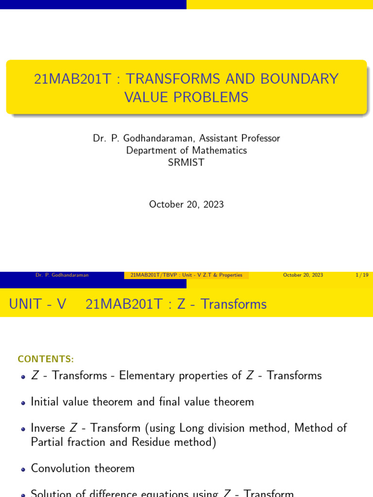 S UNIT - V Z-Transforms Difference Equation | PDF | Equations | Mathematical Relations
